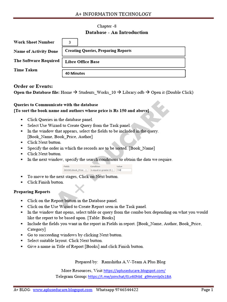 A+ Blog SSLC Ict Chapter 8 Database An Introduction Practical Worksheet ...