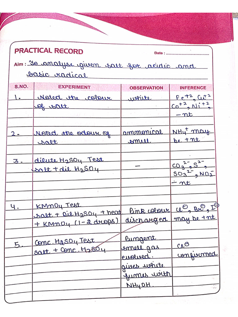 (Salt Analysis) Practical File Class XI | PDF