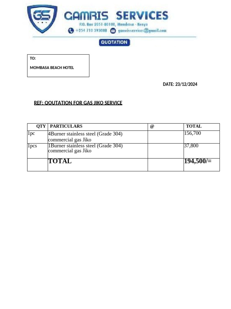 Mombasa Beach Hotel Gas Jiko Quotation | PDF