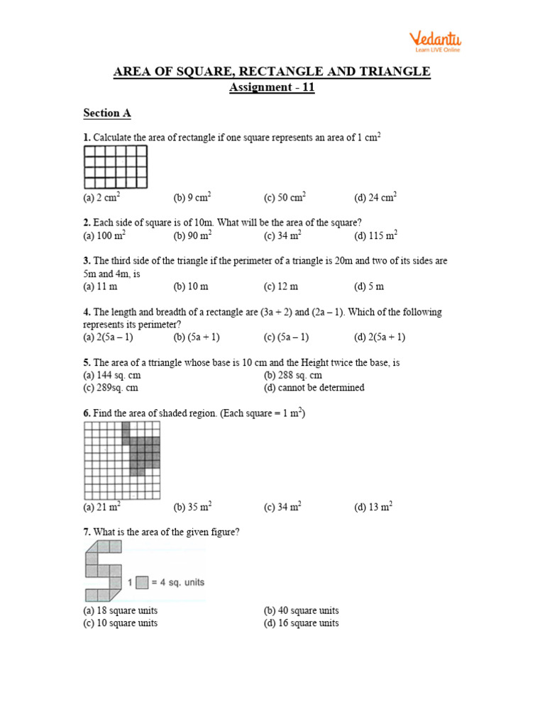 Grade 3 & 4 - Area of Square, Rectangle and Triangle - Assignment - S11 ...