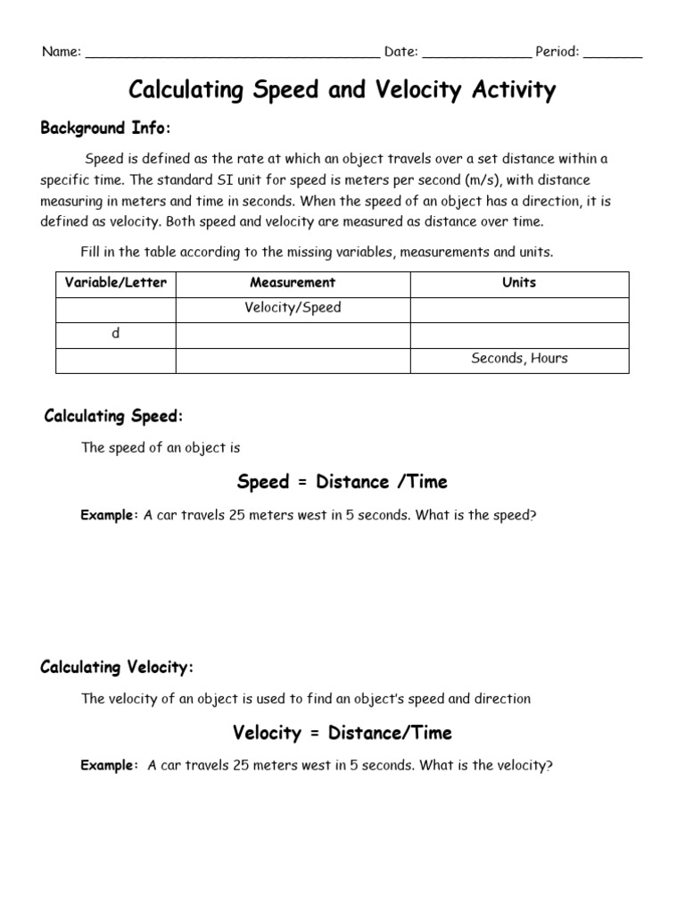 Calculating Speed and Velocity Activity | PDF