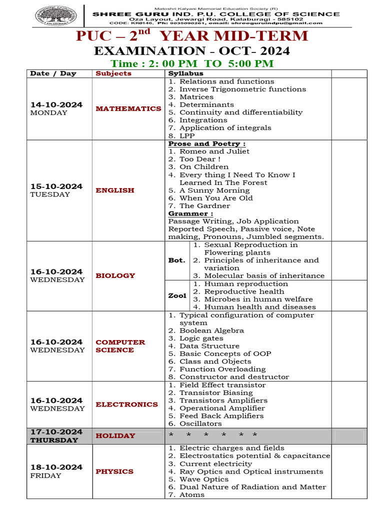 Puc 2nd Year Mid-Term Examination - Oct - 2024 Time Table and Syllabus | PDF