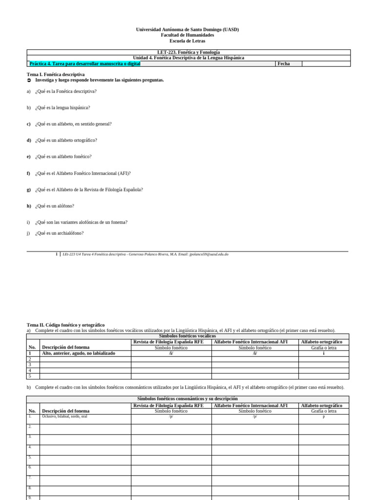 LET-223 U4 Tarea 4. Para Desarrollar en El Cuaderno o Digital | PDF | Fonética | Fonema