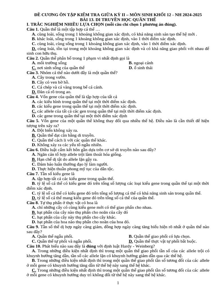 ĐC Ghkii - Sinh 12 2024 - 2025 | PDF