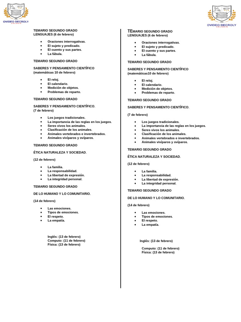Temario de Exámenes 2 Do Con Fecha 2do Grado Feb. | PDF