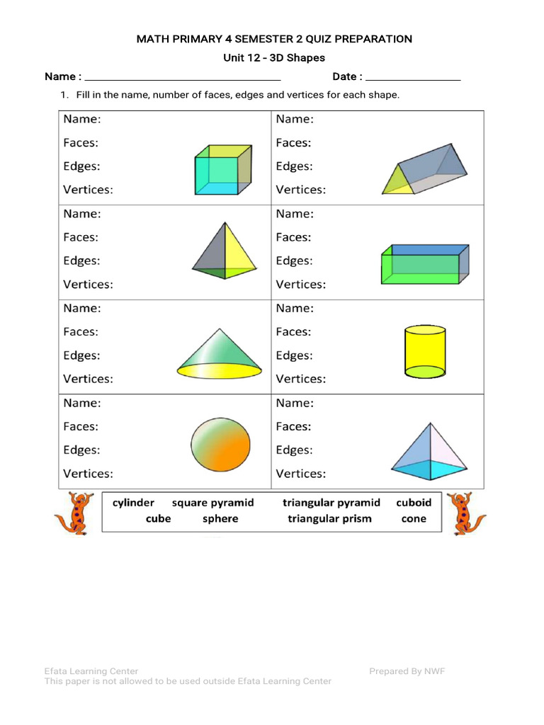Math Primary 4 Semester 2 Quiz Prep-Unit 12 3d Shapes | PDF | Geometric ...