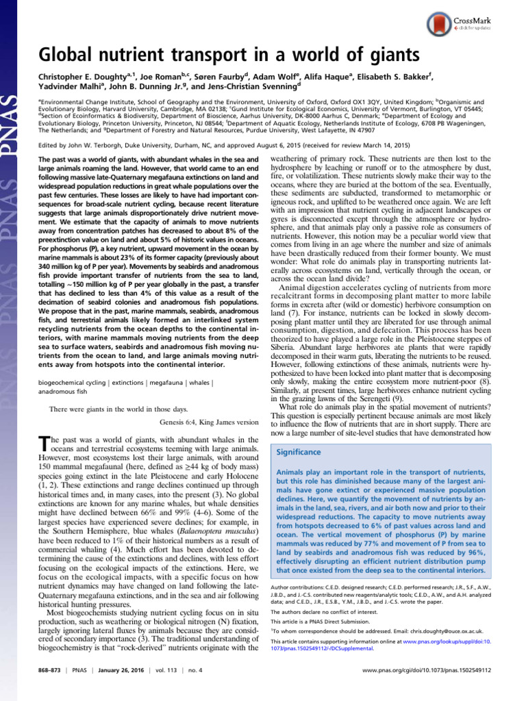Doughty Et Al 2015 Global Nutrient Transport in A World of Giants | PDF ...