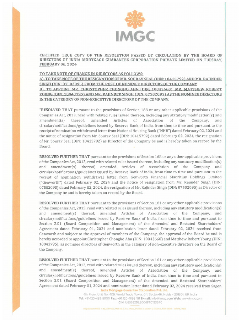 CTC of Board Resolution For Resignation of Directors and Appointment of ...