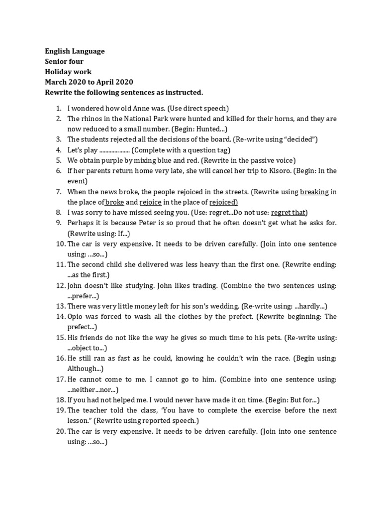 Week 27 - Rewrite The Sentences Exercise For Writing | PDF