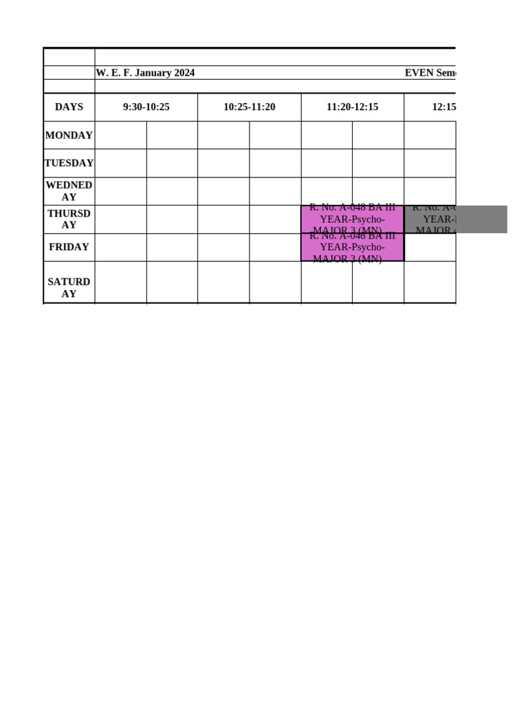 BA Psychology Even Semester Schedule 2024 | PDF