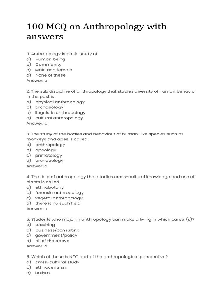 100 MCQs on Anthropology with Answers | PDF | Anthropology | Liberal ...