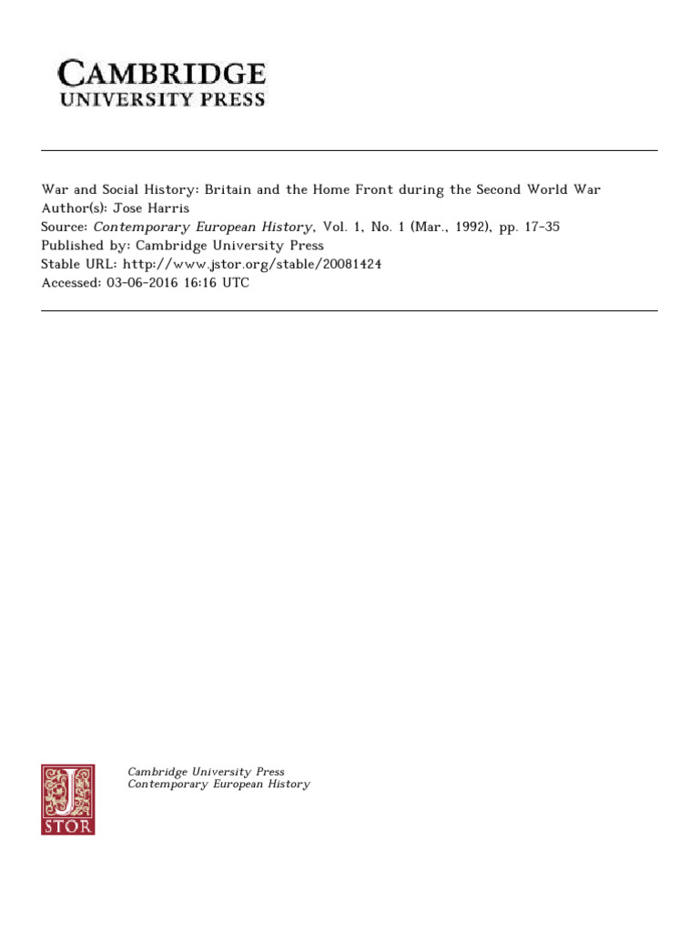 War and Social History Britain and the Home Front during the Second ...