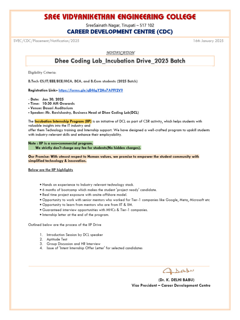 Dhee Coding Lab__2025 Batch_SVEC_Notification | PDF | Educational ...