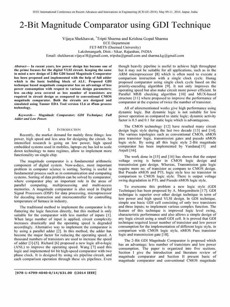 2-Bit Magnitude Comparator Using GDI Technique | PDF | Logic Gate | Cmos
