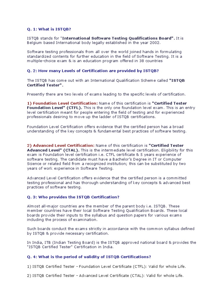 Q. 1: What Is ISTQB?: Certified Tester" | PDF | International Software ...