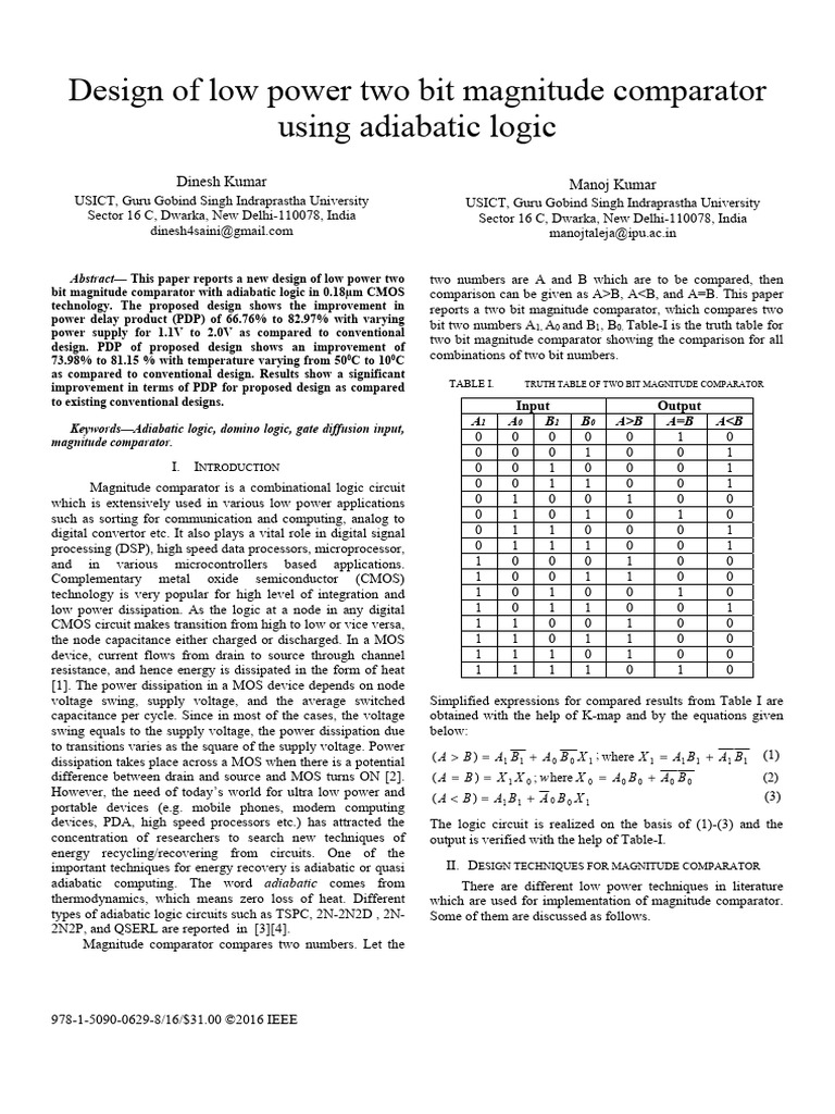 Design of Low Power Two Bit Magnitude Comparator Using Adiabatic Logic | PDF | Electronic Design ...