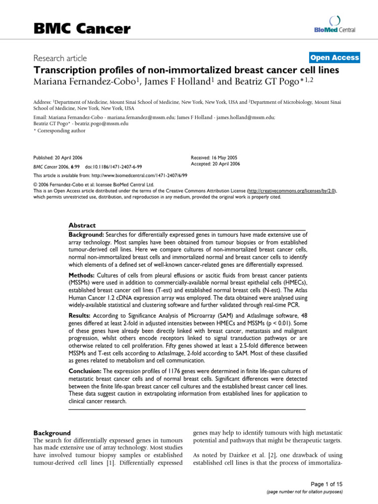BMC Cancer: Transcription Profiles of Non-Immortalized Breast Cancer ...