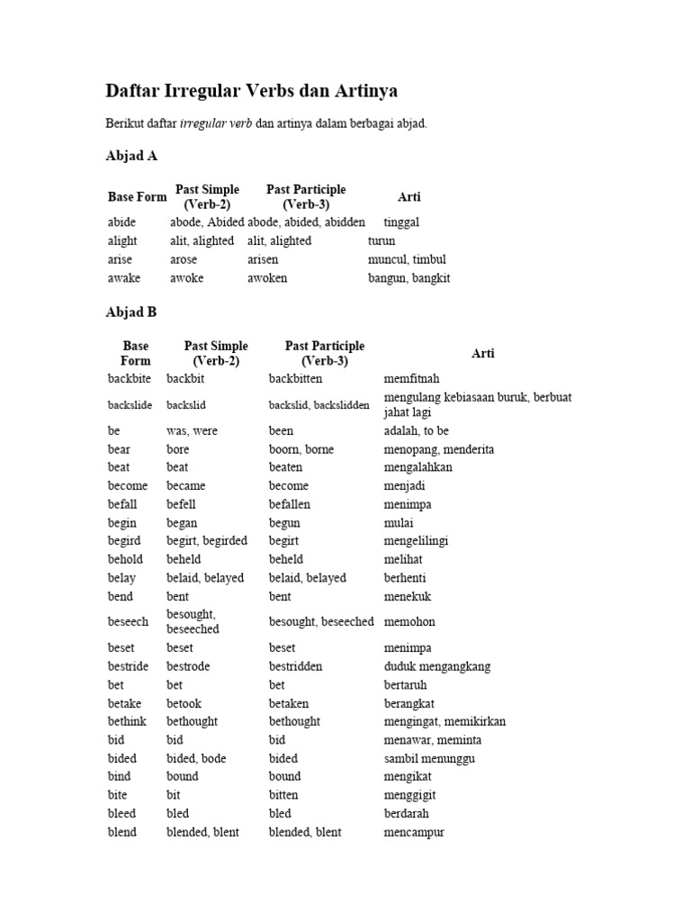 Daftar Kata Kerja Irregular dan Artinya | PDF