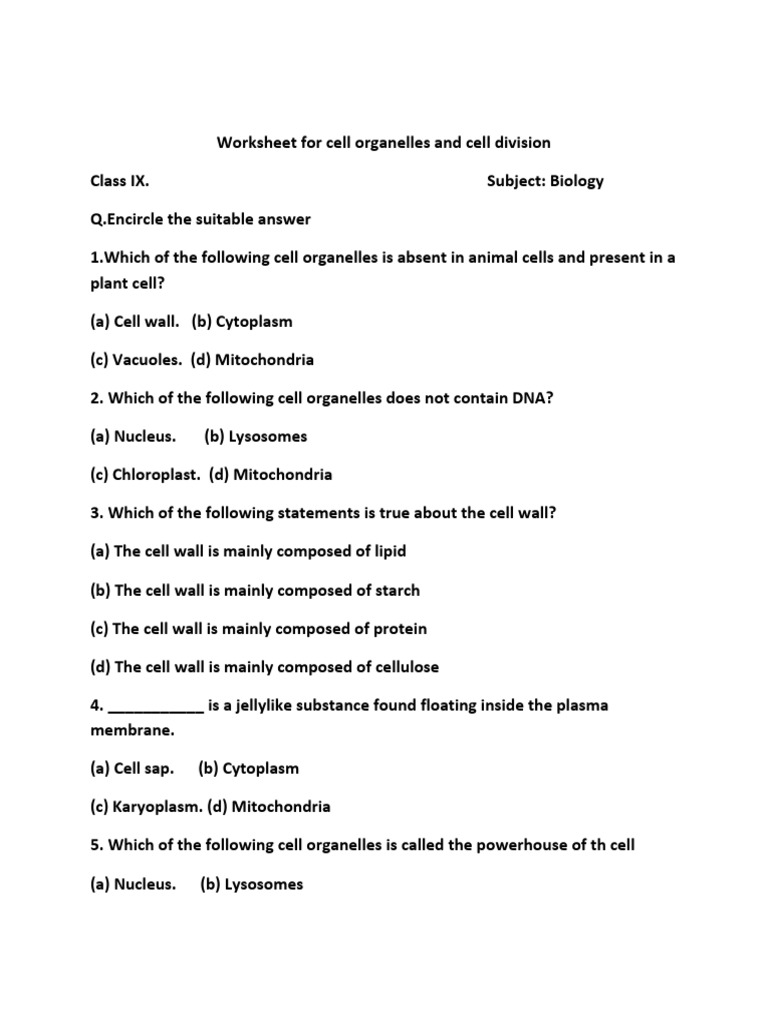 Cell Organelles and Division Worksheet | PDF | Mitosis | Cell (Biology)