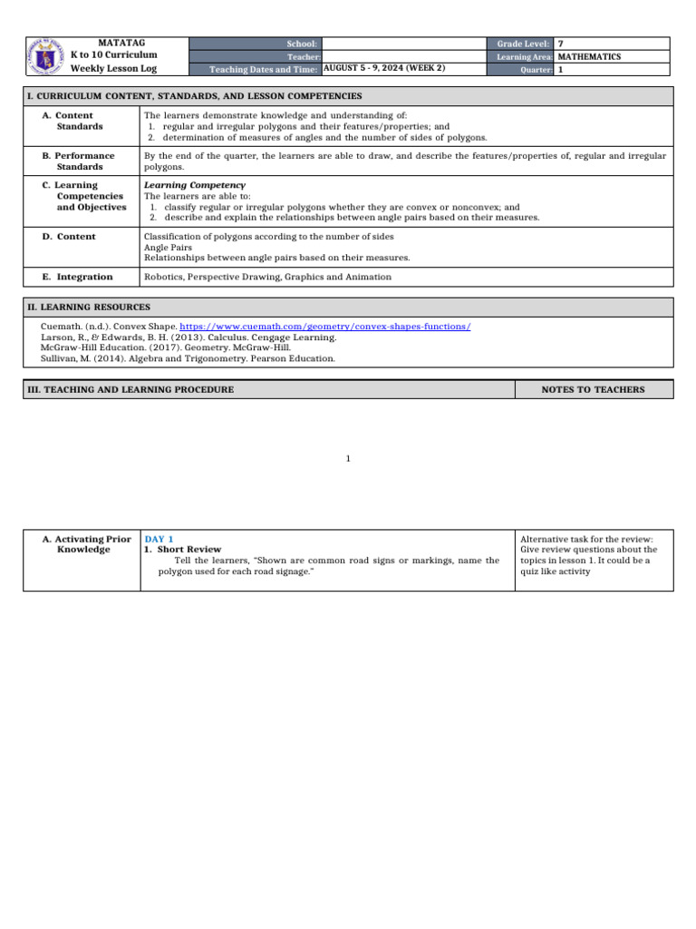 DLL MATATAG _MATH 7 Q1 W2 | PDF | Vertex (Geometry) | Polygon