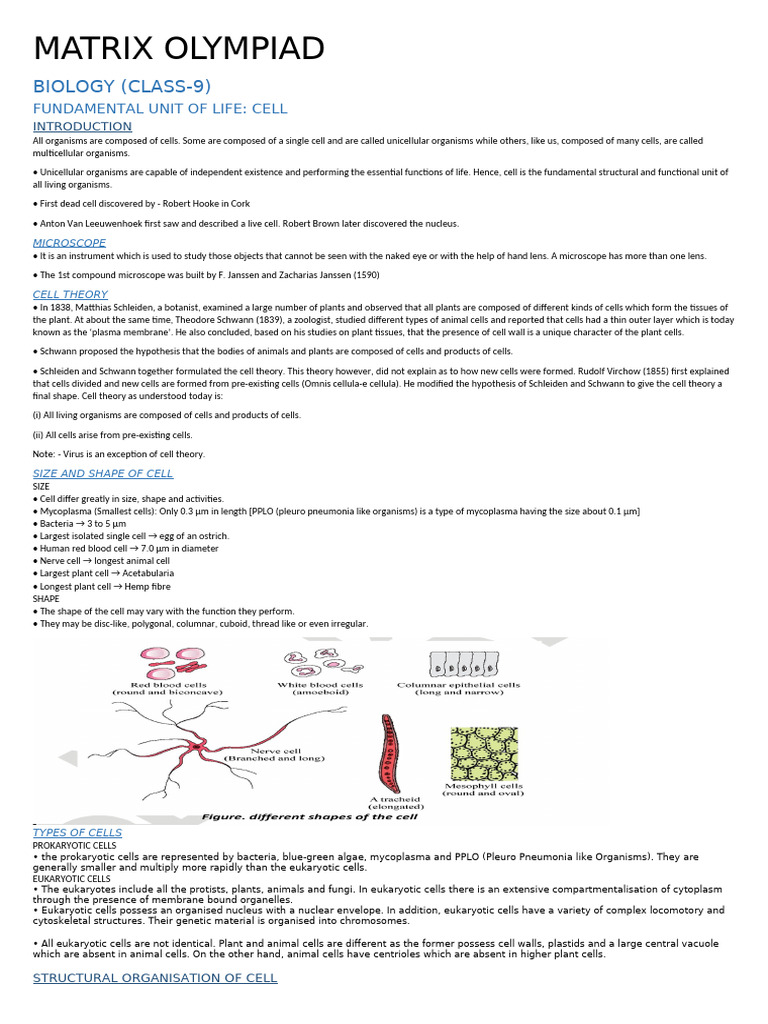 MATRIX OLYMPIAD BIOLOGY | PDF | Cell (Biology) | Cell Membrane