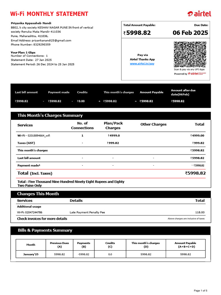 Airtel Wi-Fi Monthly Bill Summary | PDF | Payments | Credit Card