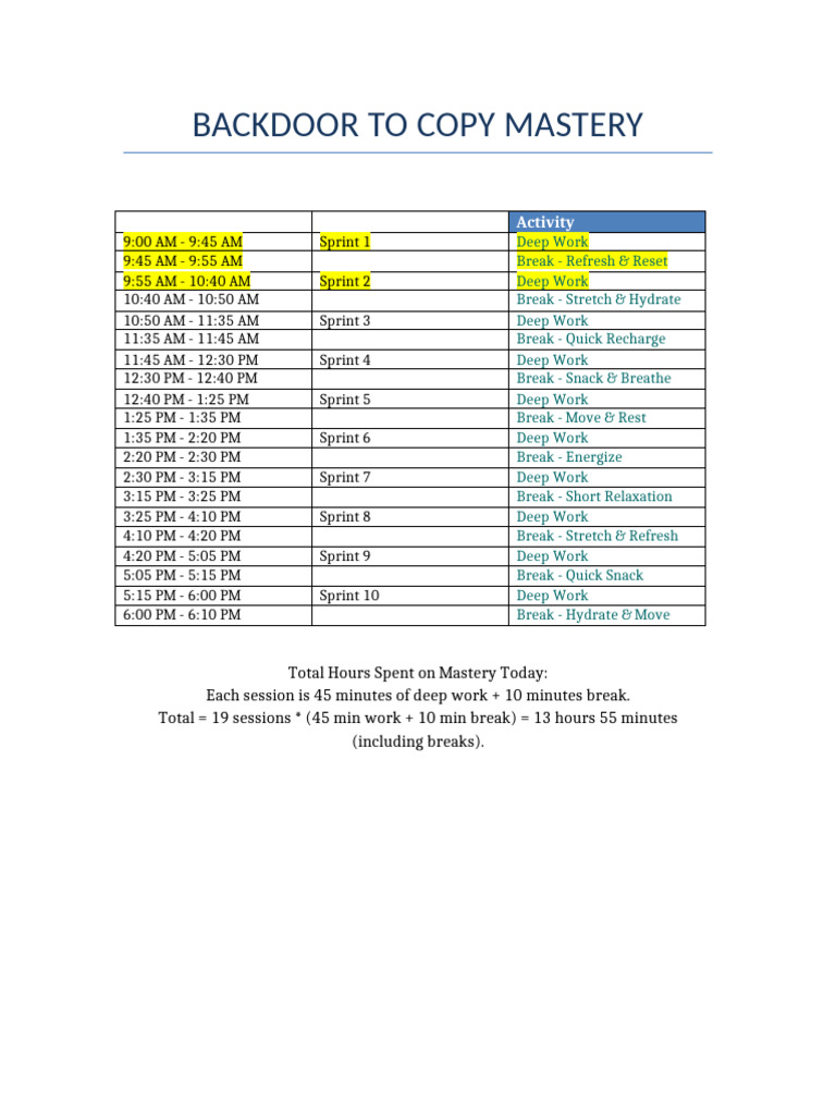 Copy Mastery Timetable | PDF