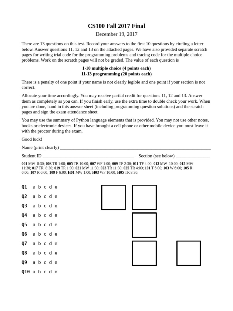 CS_100_Fall_2017_Final | PDF | Multiple Choice | Computing