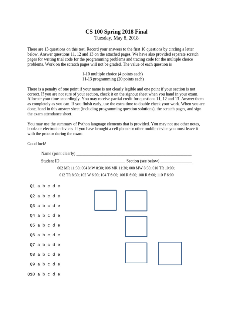 CS 100 Spring 2018 Final Exam Guide | PDF | Parameter (Computer ...
