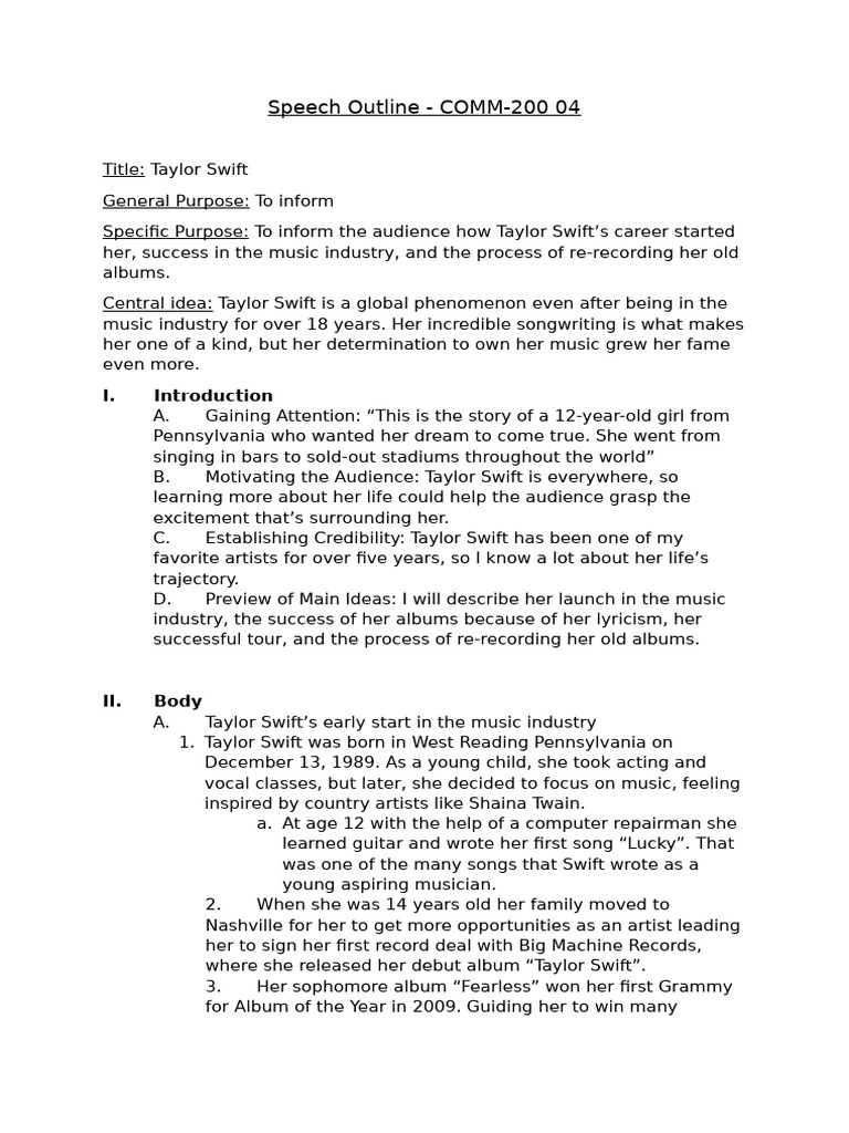 Speech Outline For Taylor Swift Informative Speech | PDF | Taylor Swift ...