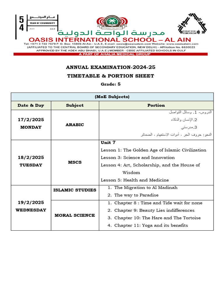 Gr. 5 MOE ANNUAL EXAM PORTION & DATESHEET | PDF
