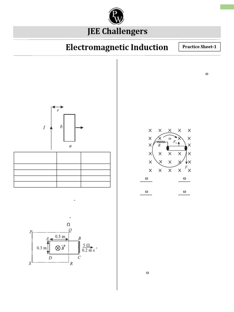 Electromagnetic Induction 01 - Practice Sheet - JEE Challengers 2023 ...
