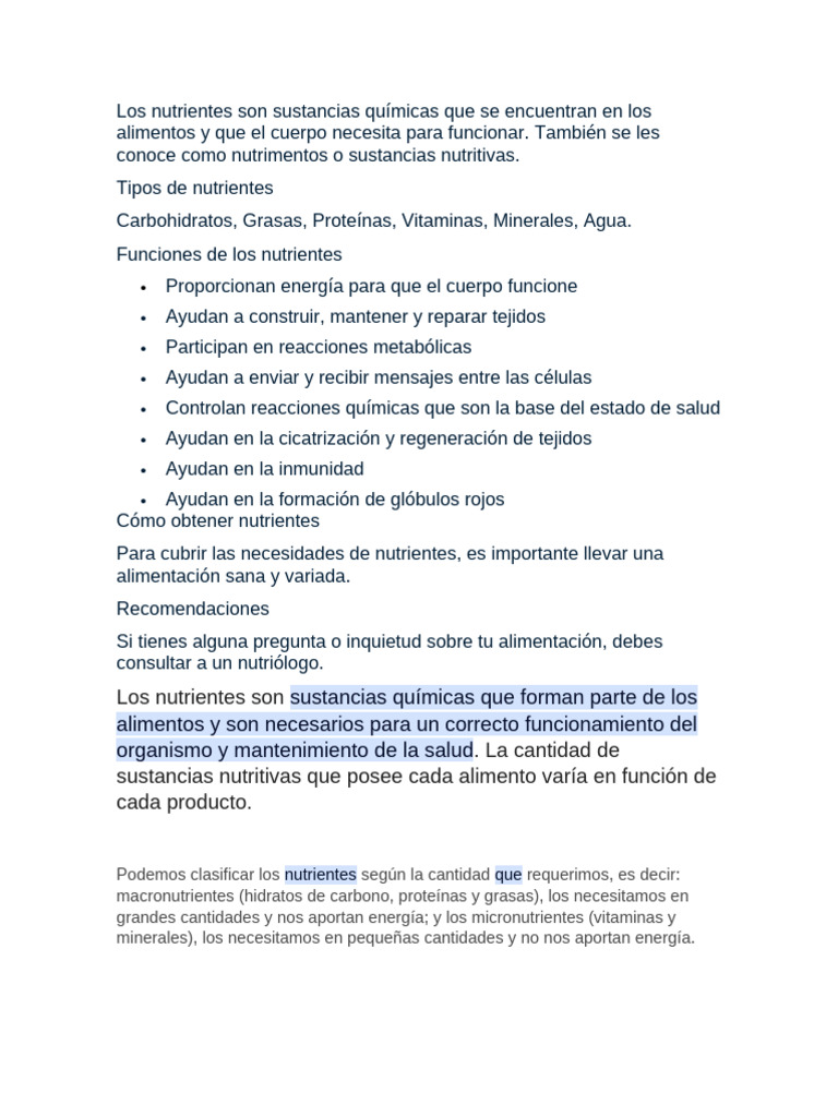 Qué son los nutrientes y su función | PDF