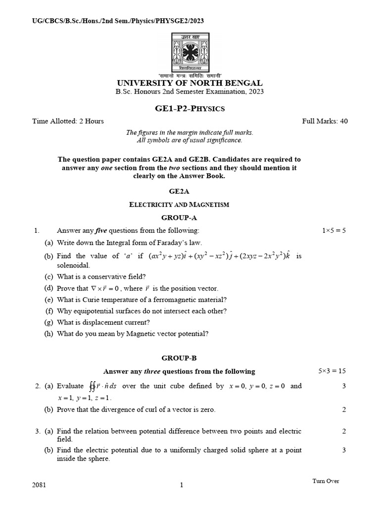B.Sc. Physics 2nd Sem Exam Paper 2023 | PDF | Diffraction | Waves