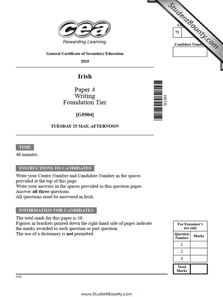 GCSE IRI REVISED Past Papers Mark Schemes Standard MayJune Series 2010 ...