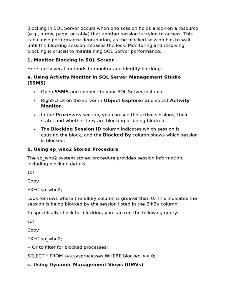 How to monitor and resolve blocking in SQL Server | PDF | Microsoft Sql Server | Database ...