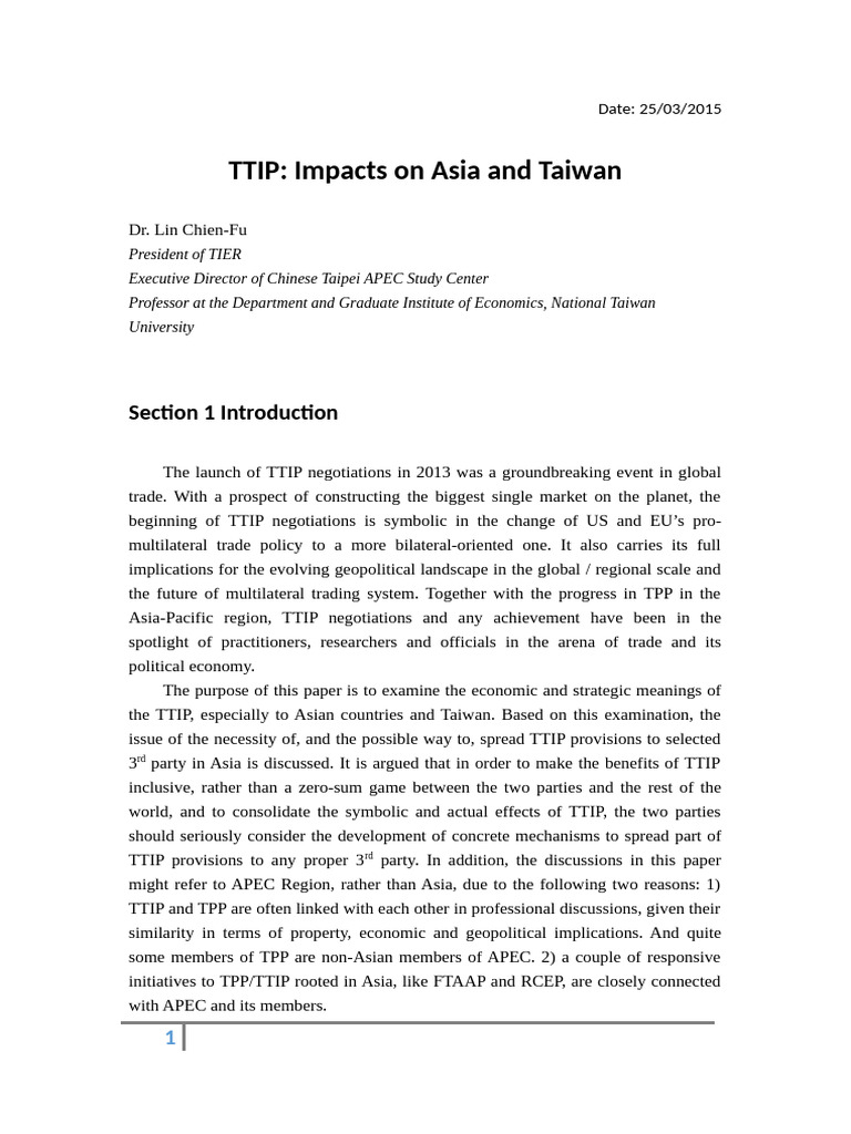 TTIP Impacts On Asia and Taiwan (1st Draft) | PDF | Asia Pacific Economic Cooperation | Trans ...