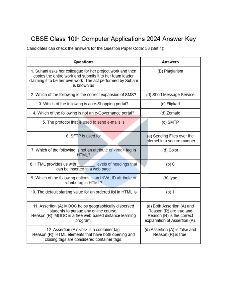 Class 10 Computer Applications Key 2024 | PDF