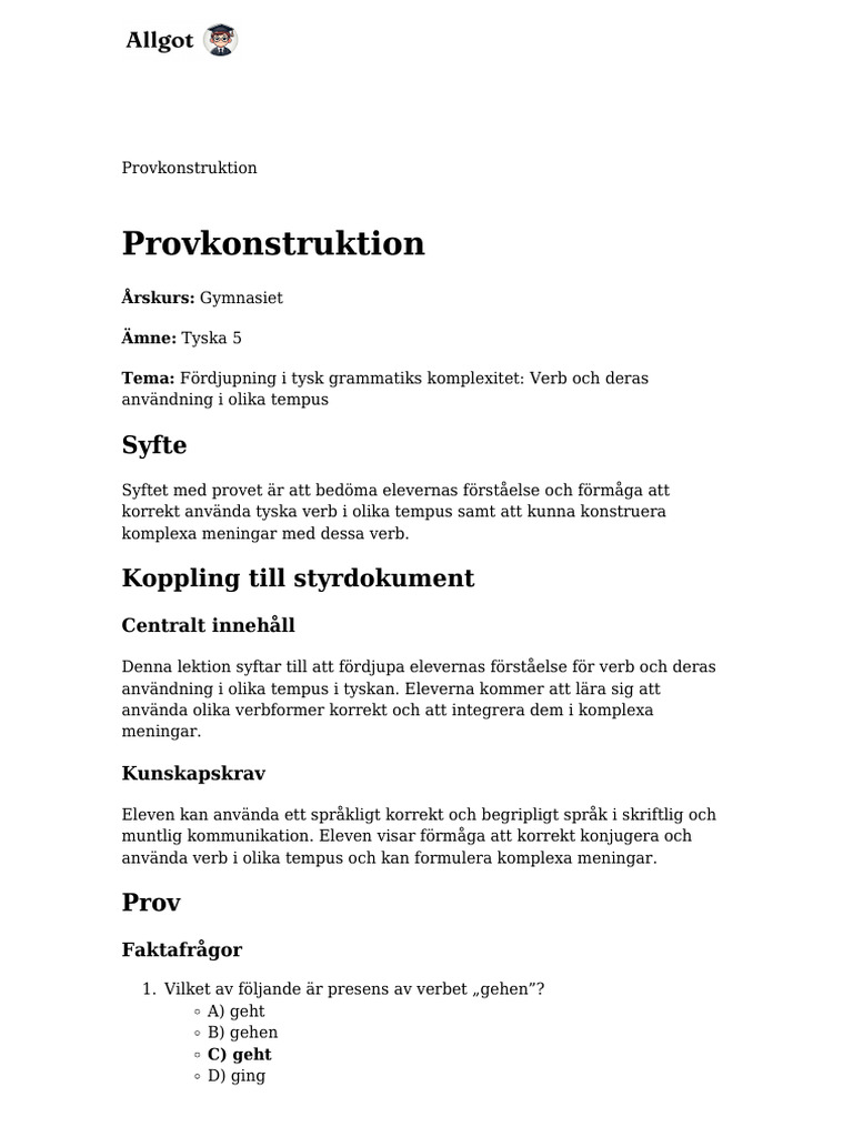 Prov. Gy. Tyska 5 - Verb Och Tempus | PDF