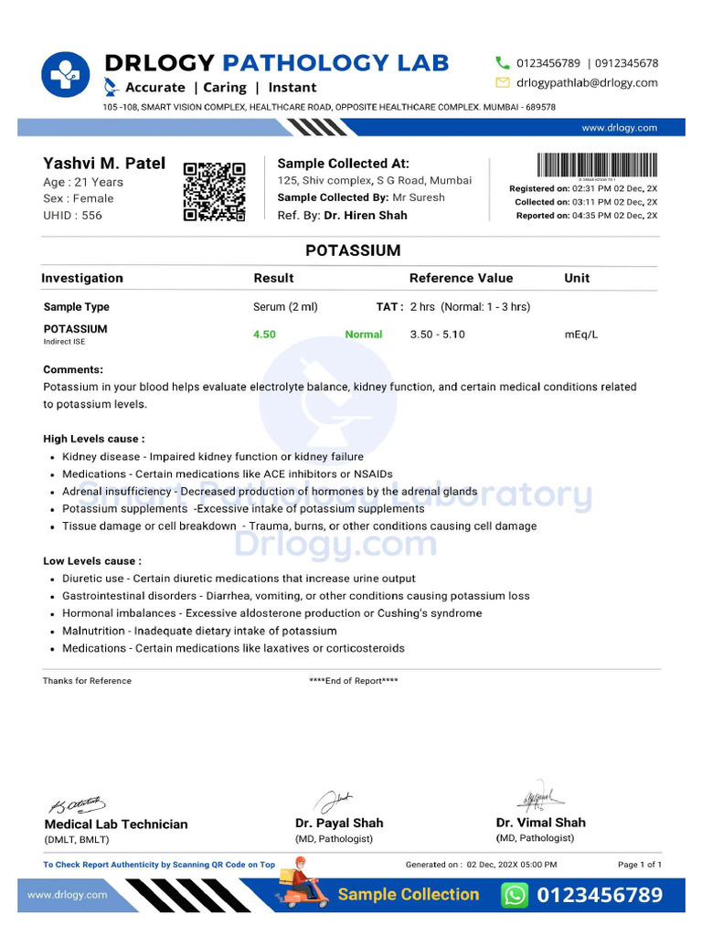 Potassium Test Normal Report Format Example Sample Template Drlogy Lab ...