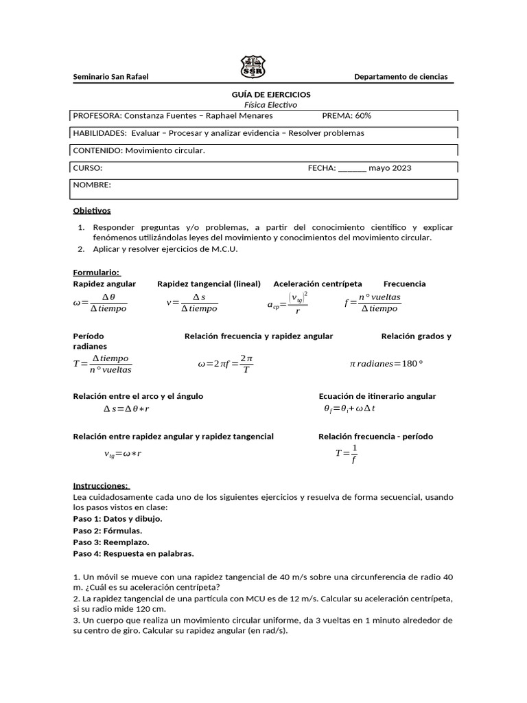 GUÍA DE EJERCICIOS MCU ELECTIVO (1) | PDF | Velocidad | Fenomeno fisico