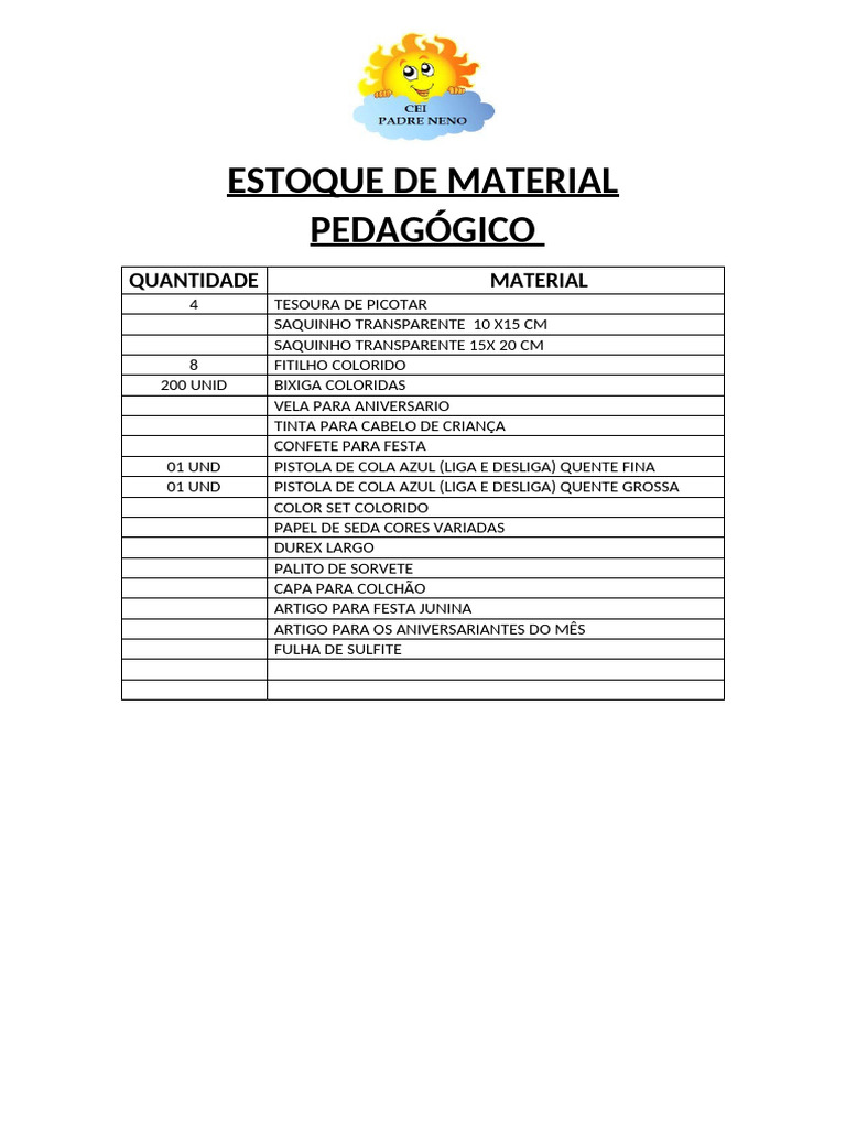 Estoque de Material Pedagógico | PDF