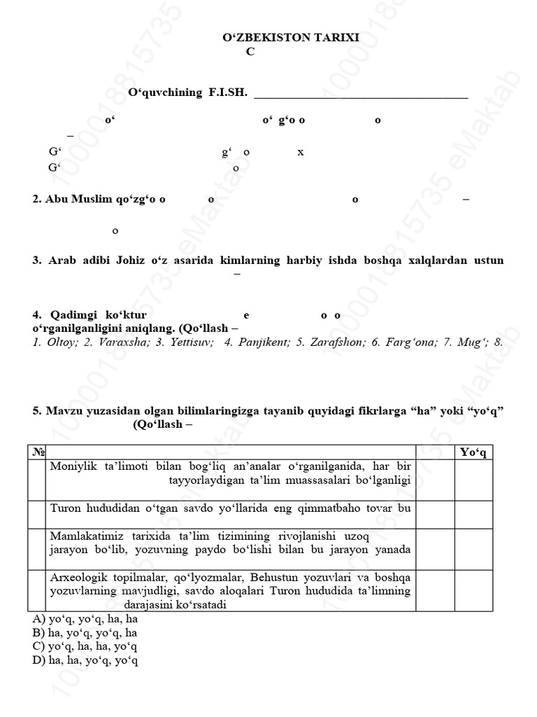 7-Sinf. O'zbekiston Tarixi. (CHSB-2) | PDF