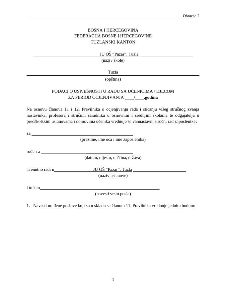 OCJENJIVANJE NASTAVNIKA Obrazac 2 | PDF