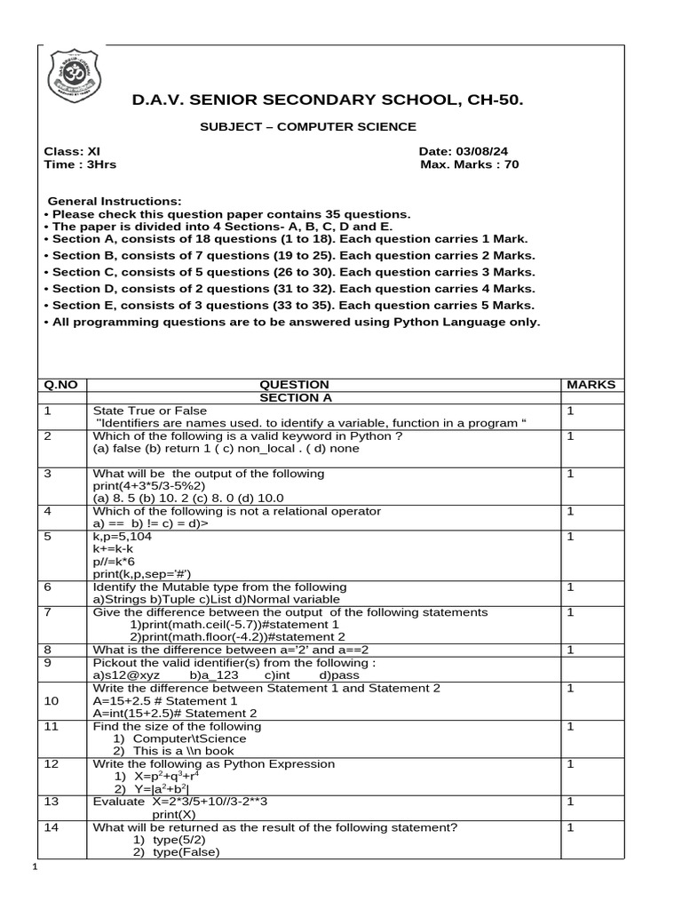 CLASS XI CS 24-25 Final | PDF | Boolean Data Type | Computing CLASS XI CS 24-25 Final | PDF | Boolean Data Type | Computing