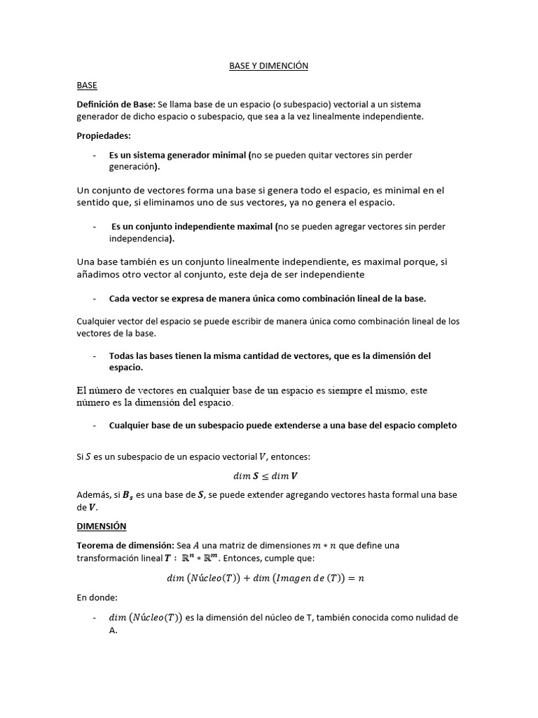 Bases y Dimensión en Álgebra Lineal | PDF | Base (álgebra lineal ...