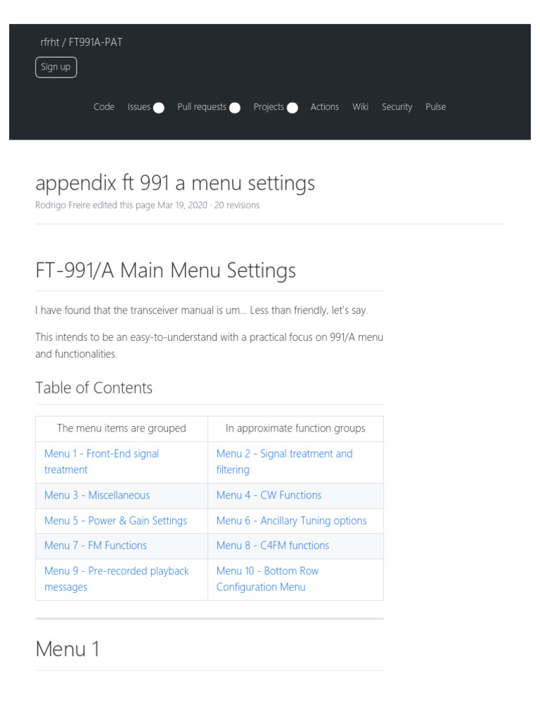Appendix FT 991 A Menu Settings RFRHT - FT991A-PAT Wiki GitHub | PDF | Radio Wave | Broadcasting