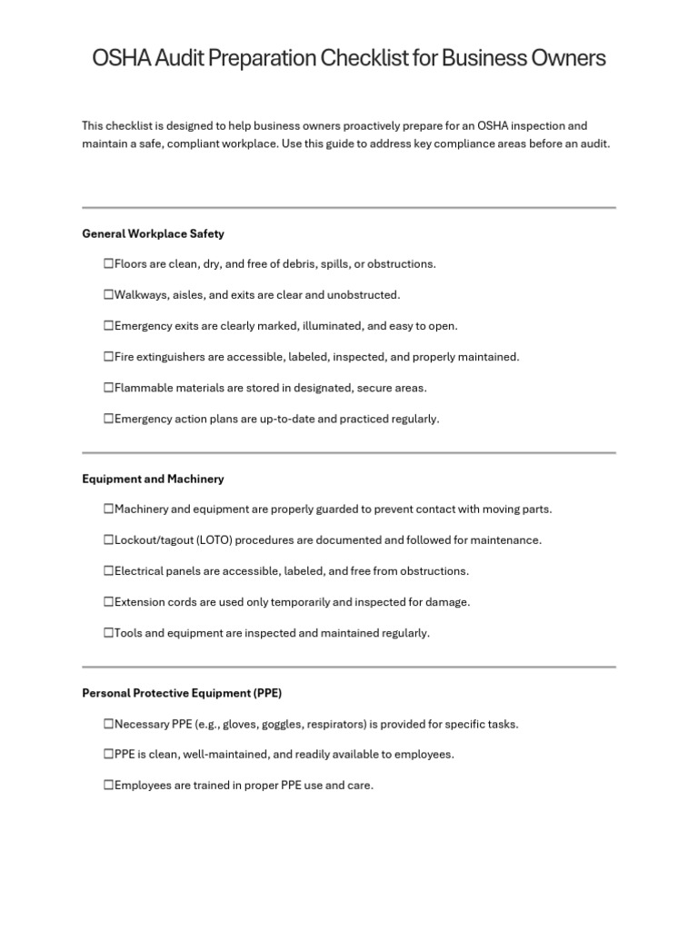 OSHA Audit Preparation Checklist For Business Owners | PDF ...