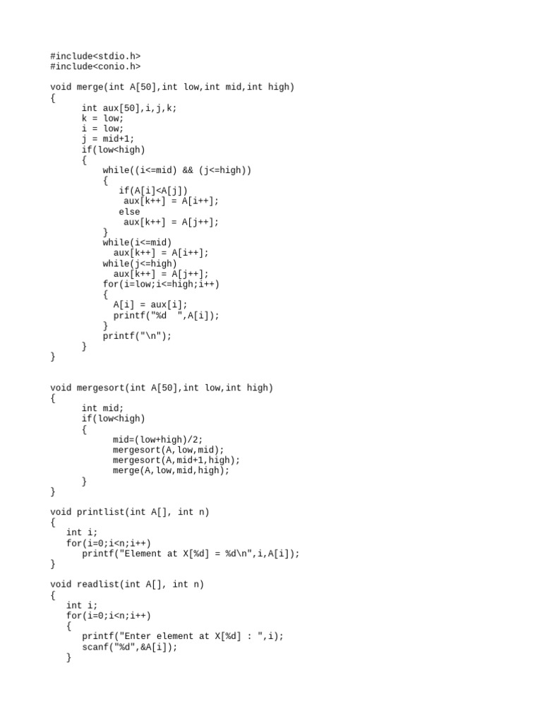 Merge Sort Algorithm in C Code | PDF