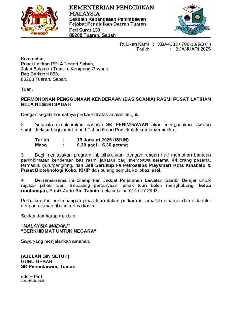 SURAT PERMOHONAN BAS RELA_PROGRAM LAWATAN SK PENIMBAWAN 2025 | PDF